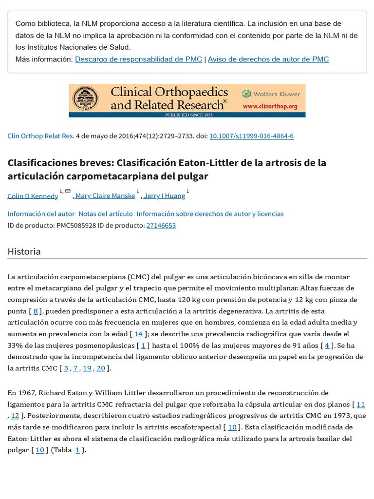 Clasificaciones Breves - Clasificación Eaton-Littler de La Artrosis de ...