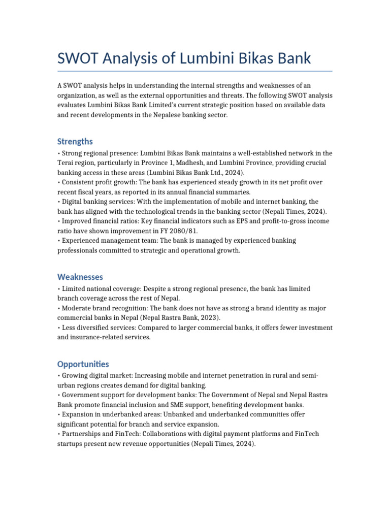 SWOT Analysis of Lumbini Bikas Bank | PDF | Nepal | Swot Analysis