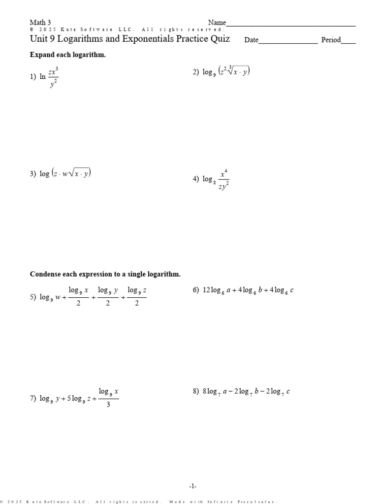 Math 3 Logs and Exponential Practice Quiz | PDF | Logarithm ...