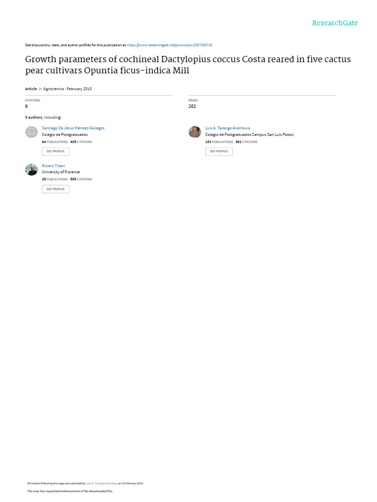 Growth Parameters of Cochineal Dactylopius Coccus Costa Reared in Five ...