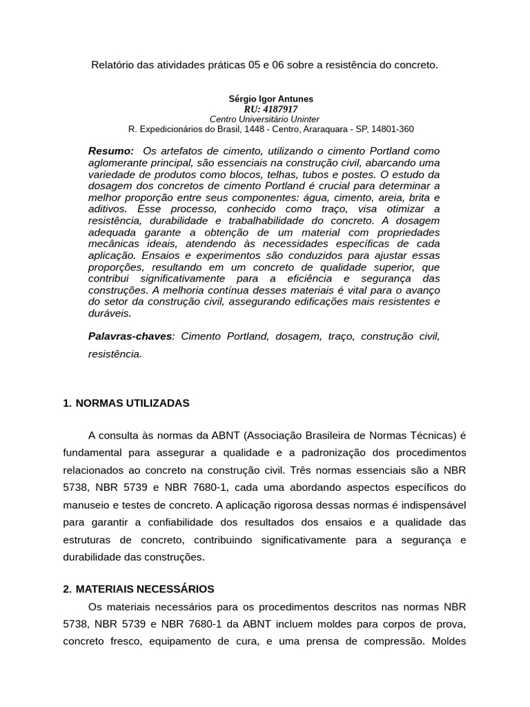 Relatorio Ensaios Concreto Pdf Concreto Resistência Dos Materiais