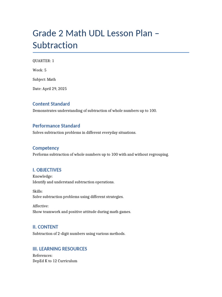 Alt Grade2 Math Subtraction LessonPlan | PDF