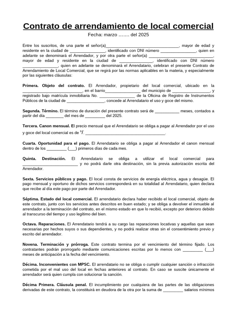 Modelo Contrato De Arrendamiento Local Comercial Pdf