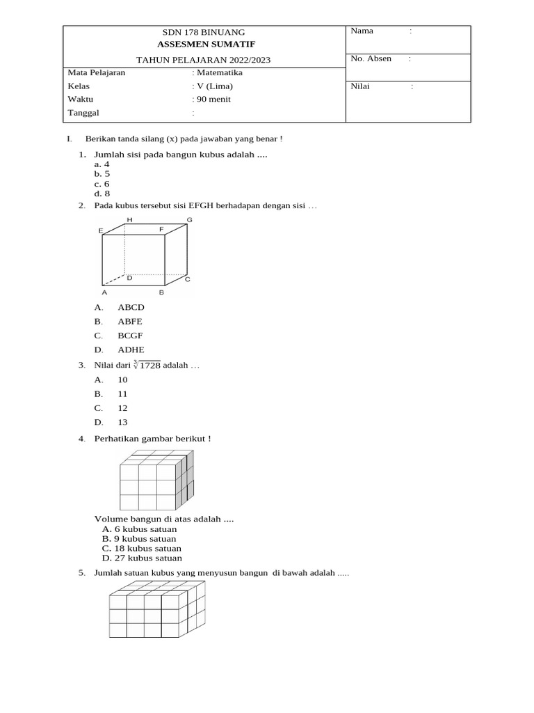 ASSESMEN SUMATIF MTK Kls V | PDF