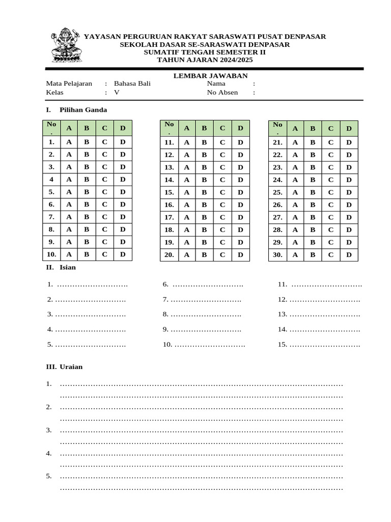 Lembar Jawaban Bahasa Bali Kelas 5 | PDF