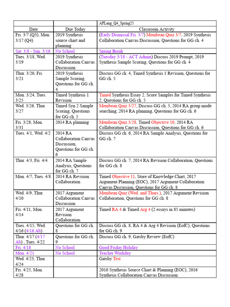 AP Lang Q4 Spring 2025 Schedule | PDF