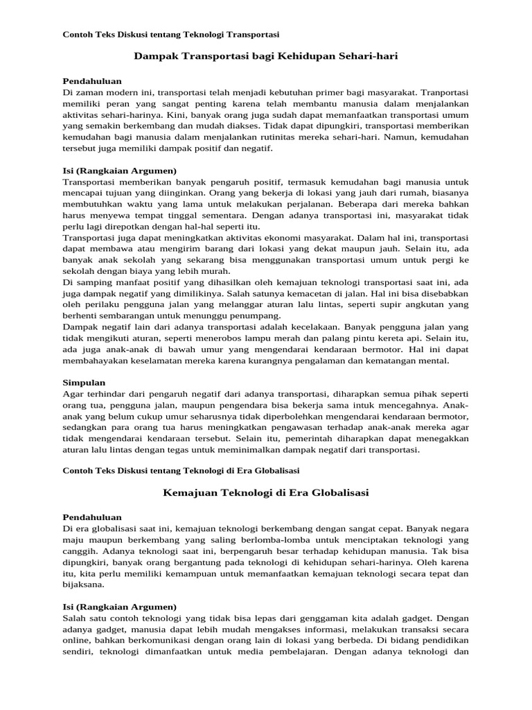 Contoh Teks Diskusi Tentang Teknologi Transportasi | PDF
