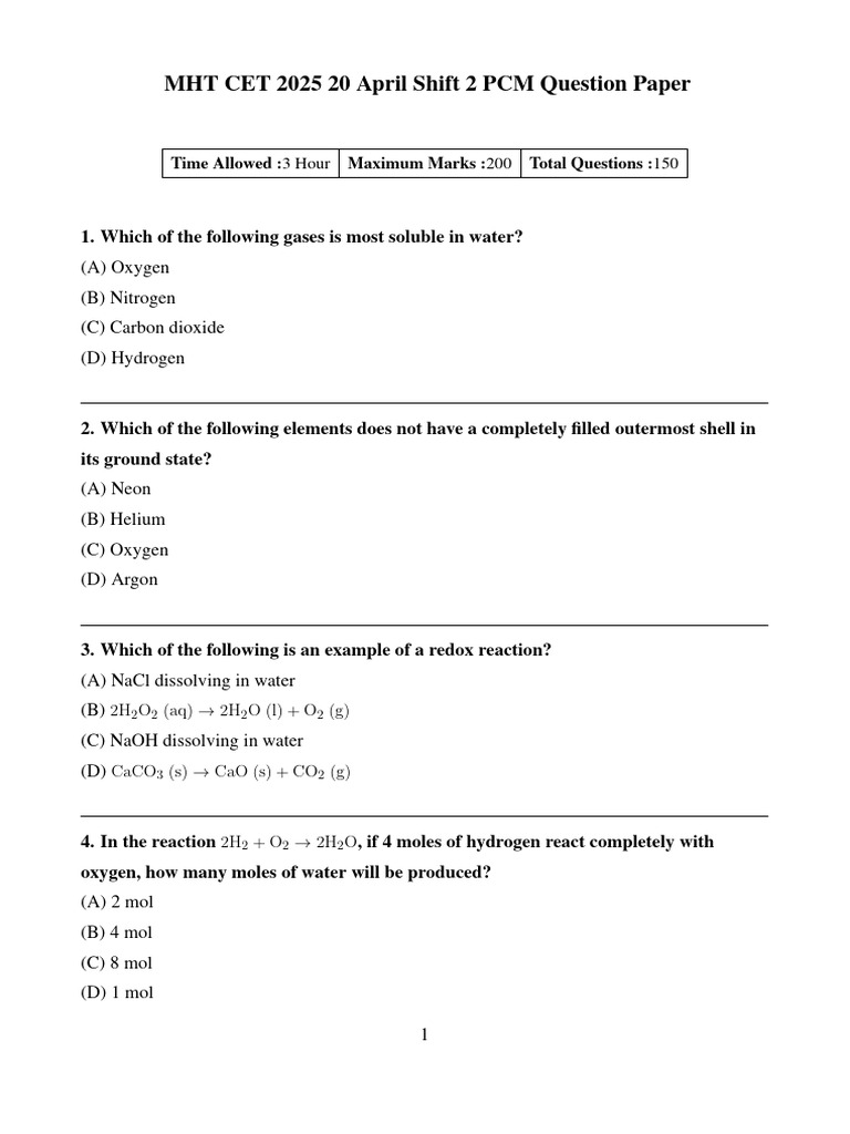 Mhtcet 20 April Shift 2 2025 PCM Question Paper | PDF | Carbon Dioxide ...