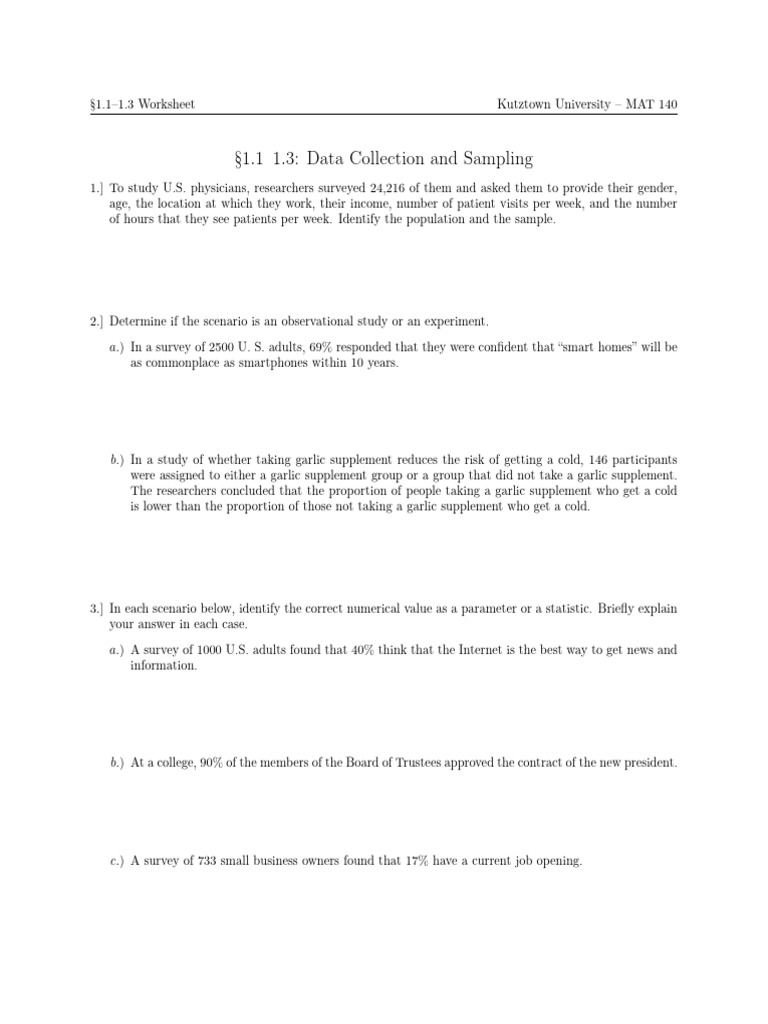 Sections 1-1 To 1-3 Worksheet MAT140 S20 | PDF | Sampling (Statistics ...