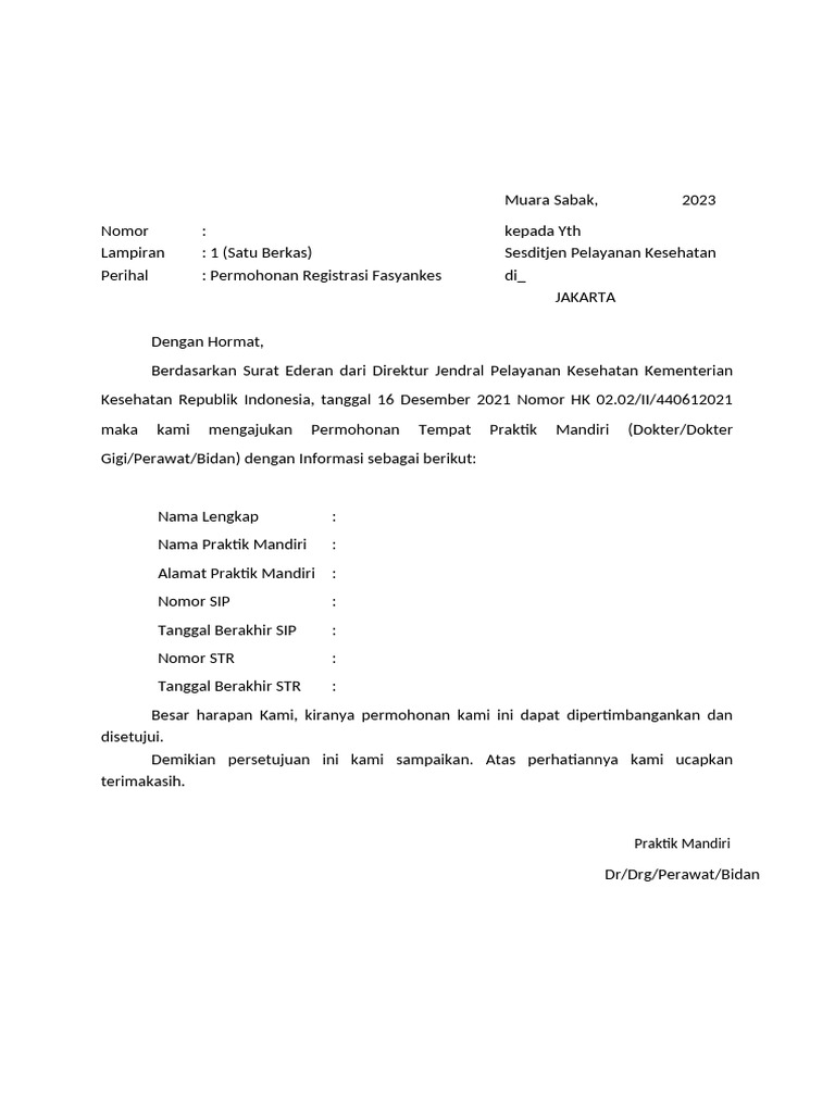 Format Surat Permohonan Reg Fasyankes | PDF