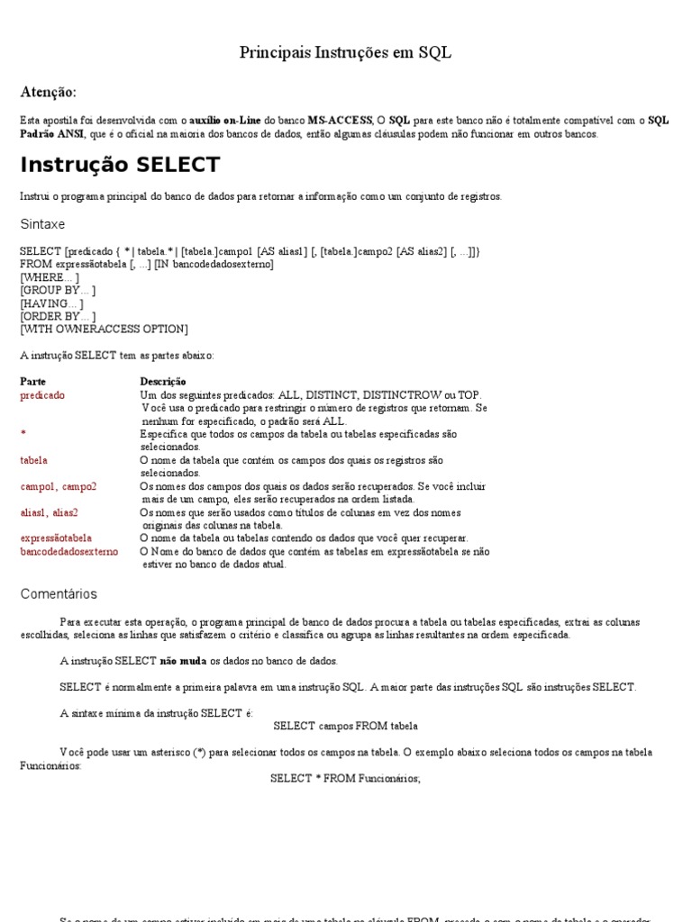 Principais Instruções em SQL | PDF | SQL | Tabela (banco de dados)