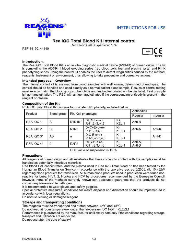 IFU - EN - Rea IQC TB Kit - 44130-140-v1 - 3 | PDF | Blood Type | Clinical Pathology