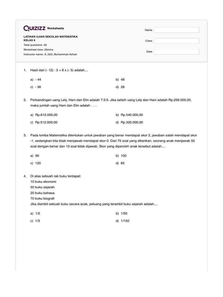 LATIHAN UJIAN SEKOLAH MATEMATIKA KELAS 9 Quizizz | PDF