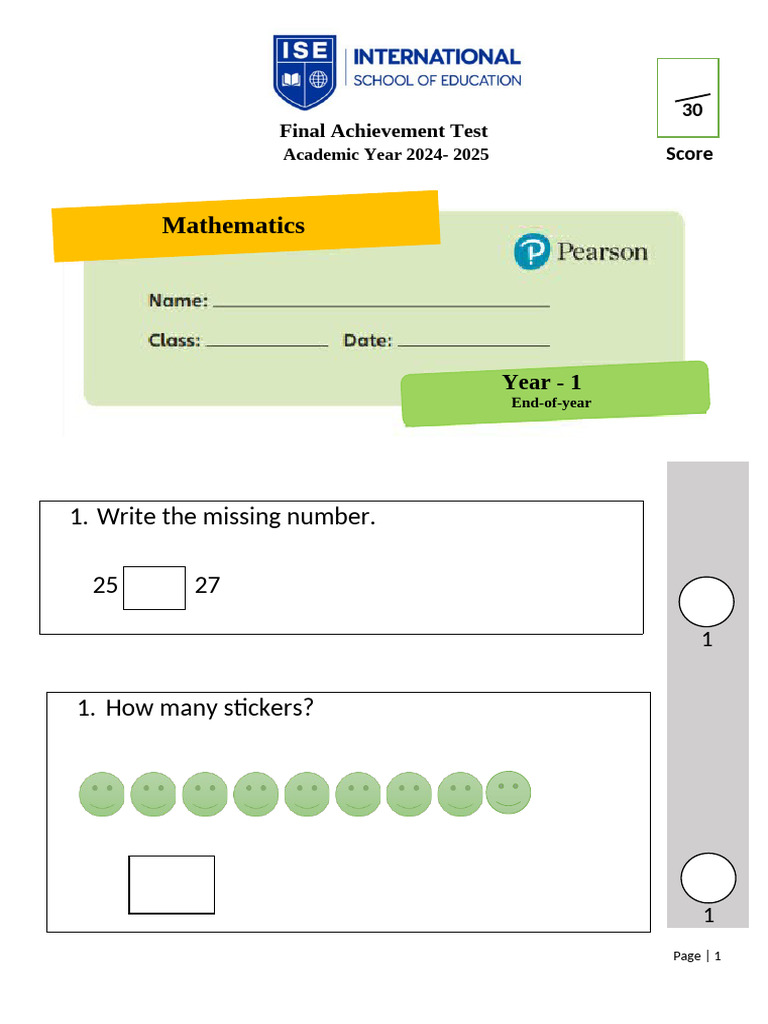 Year 1 End-of-Year Maths Test | PDF | Mathematics