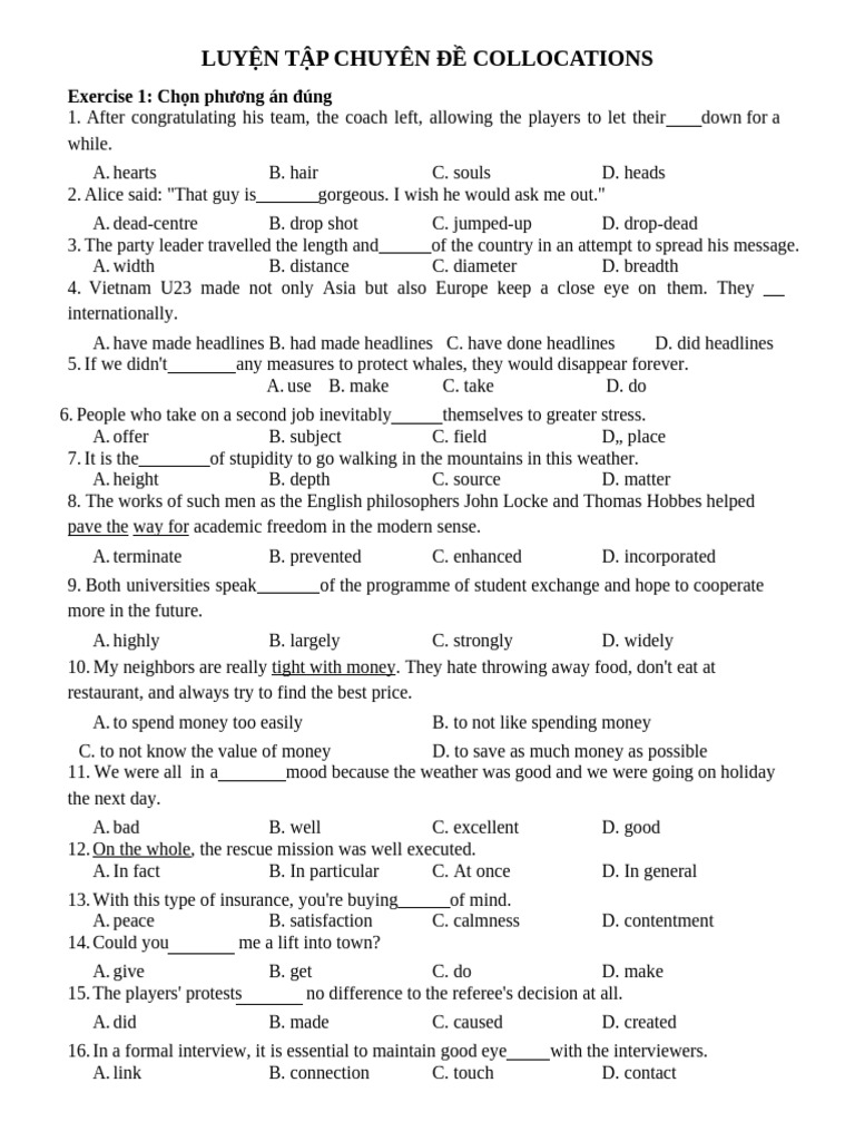 LUYỆN TẬP CHUYÊN ĐỀ COLLOCATIONS | PDF