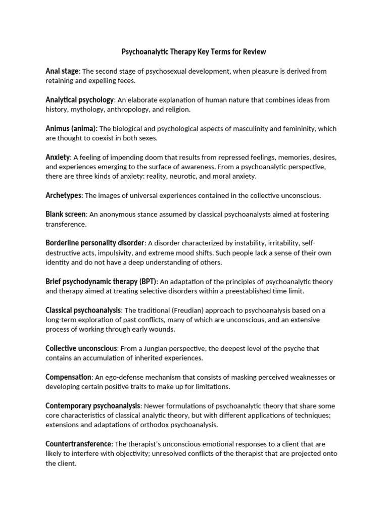 Psychoanalytic Therapy Key Terms For Review | PDF | Psychoanalysis ...