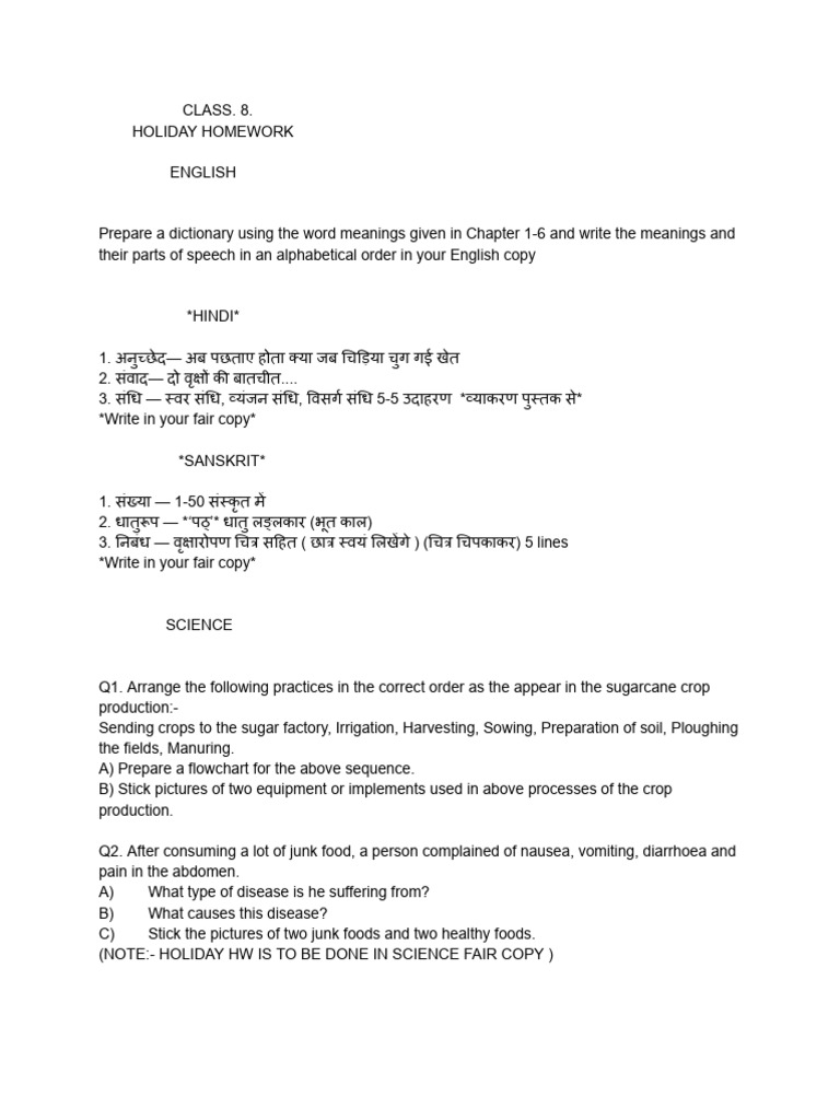 Class 8 Holiday Homework Assignments | PDF