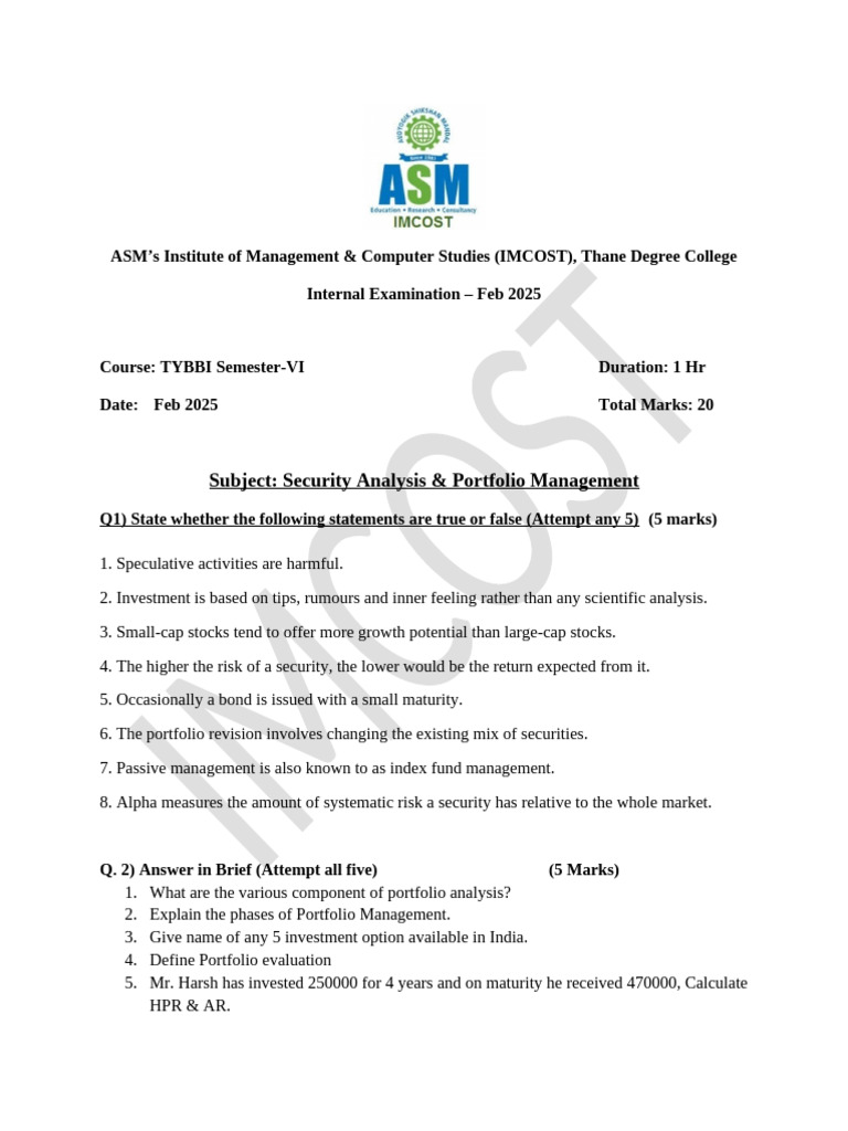 Internal Exam - TYBBI - 2025 - SAPM-2 | PDF