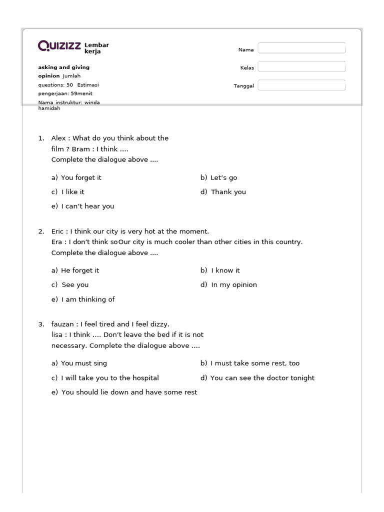 Asking and Giving Opinion - Quizizz | PDF