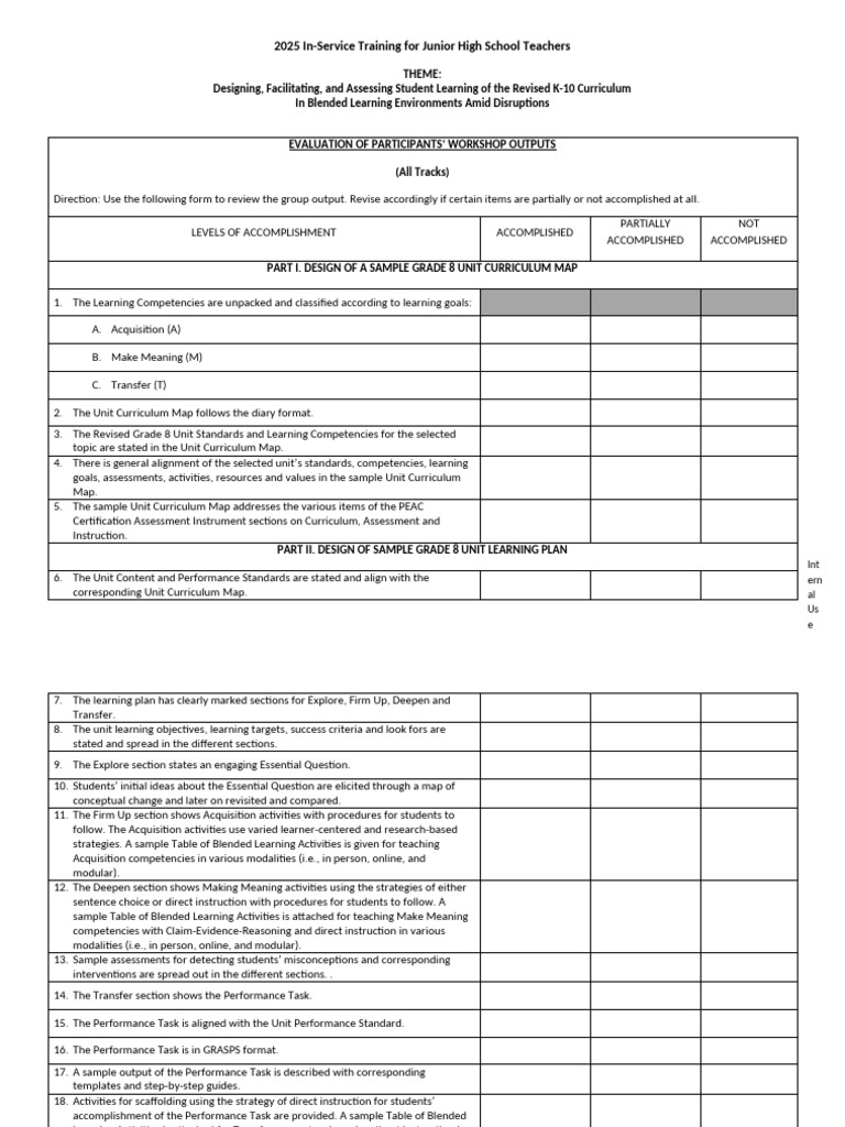2025 JHS INSET Evaluation Tool | PDF | Curriculum | Learning