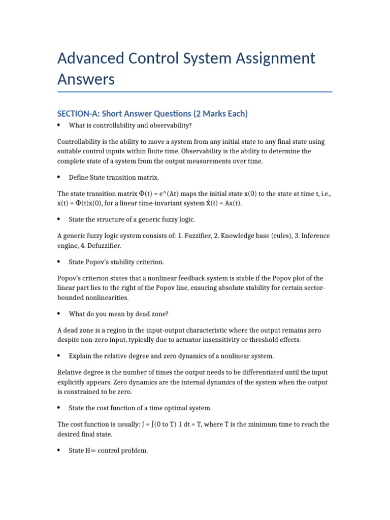 1. Advanced Control System Assignment | PDF | Stability Theory ...