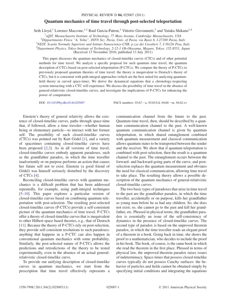 Quantum Mechanics of Time Travel Through Post-Selected Teleportation | PDF | Time Travel ...