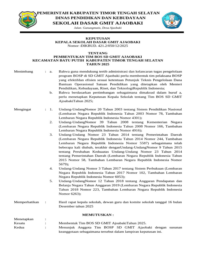 SK Tim BOS Sekolah 2025 | PDF