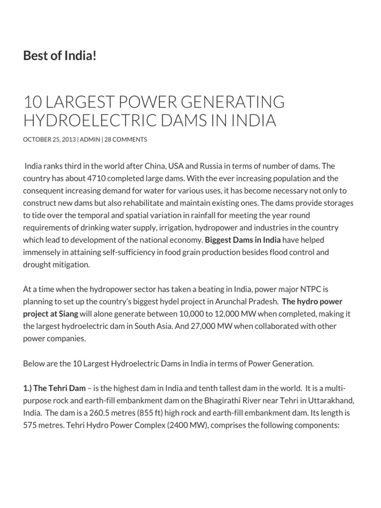 Largest Hydroelectric Dams in India | PDF | Hydroelectricity ...