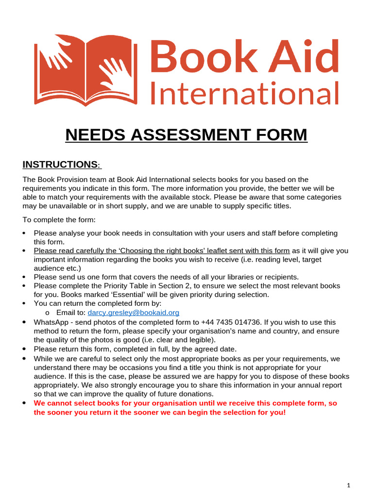 Needs Assessment Form | PDF | Books | Medicine