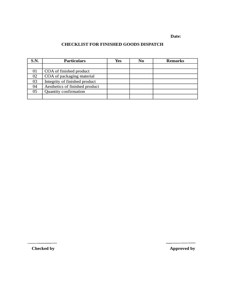 Checklist For Finished Goods Dispatch | PDF