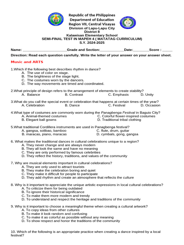 MAPEH 4 Semi-Final Test Guide | PDF | Foods | Healthy Diet