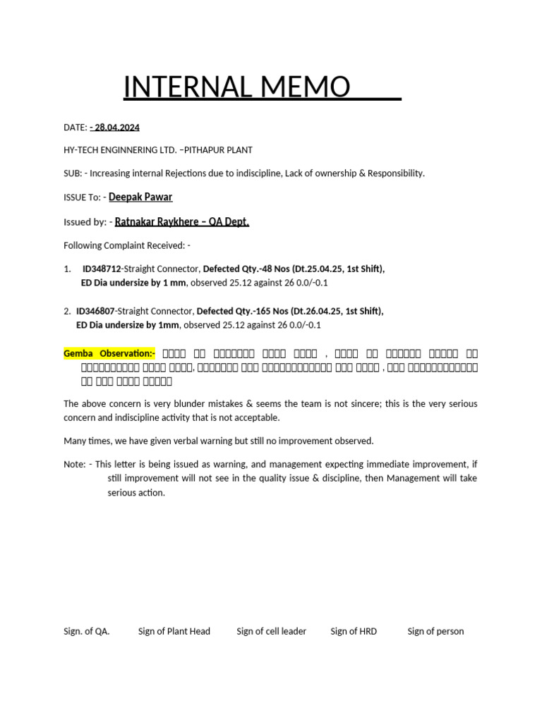INTERNAL MEMO - Deepak Pawar - 28.04.2024 | PDF