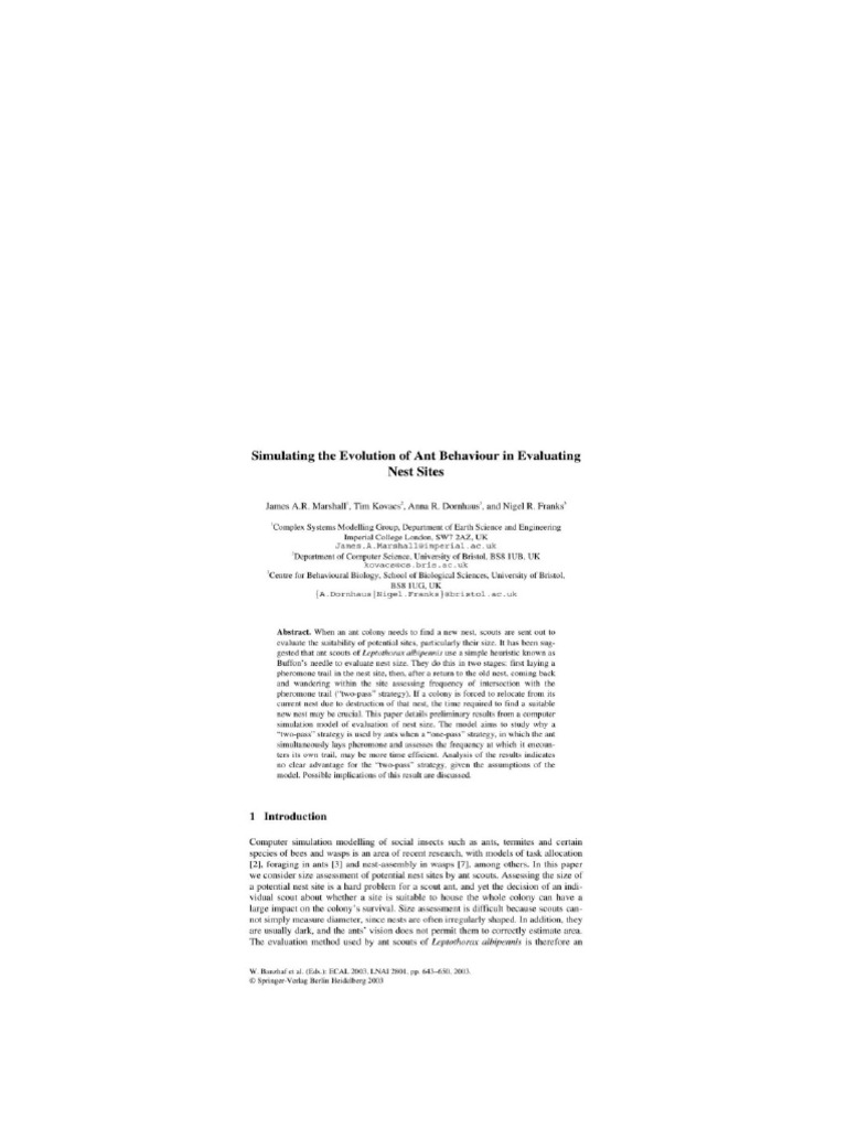 LNAI 2801 Simulating The Evolution of Ant Behaviour in Evaluating Nest ...