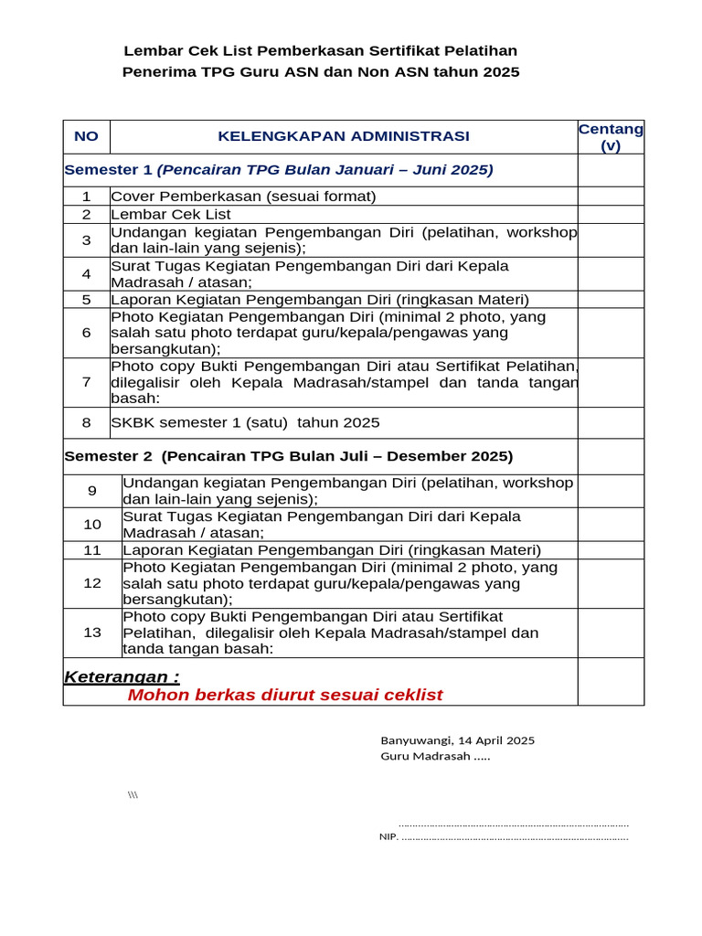 Lembar Cek List Dan Cover Pemberkasan Sertifikat Pelatihan | PDF