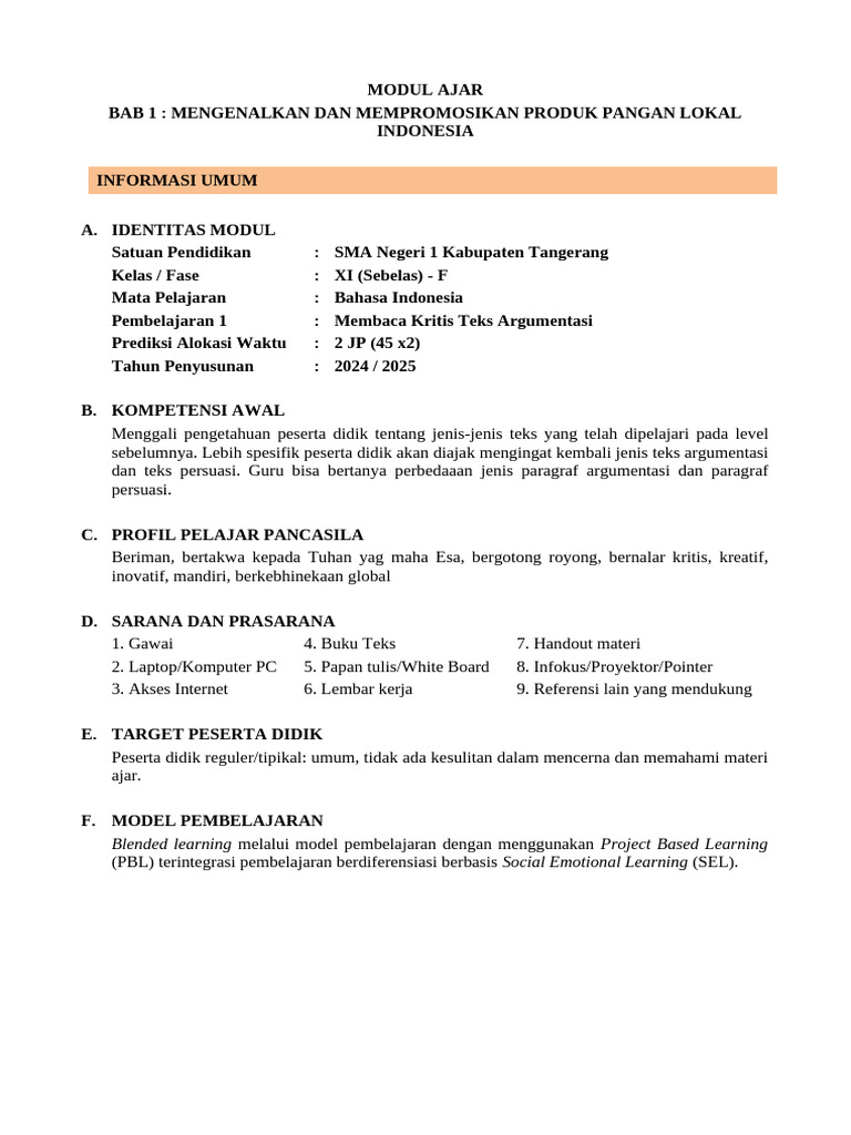 Modul Ajar Bahasa Indonesia Fase F Kelas Xi | PDF