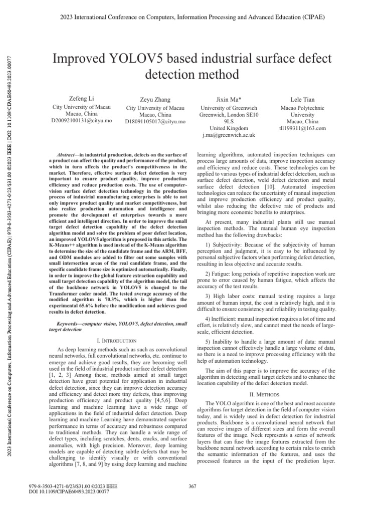 Improved YOLOV5 Based Industrial Surface Defect Detection Method | PDF | Deep Learning ...