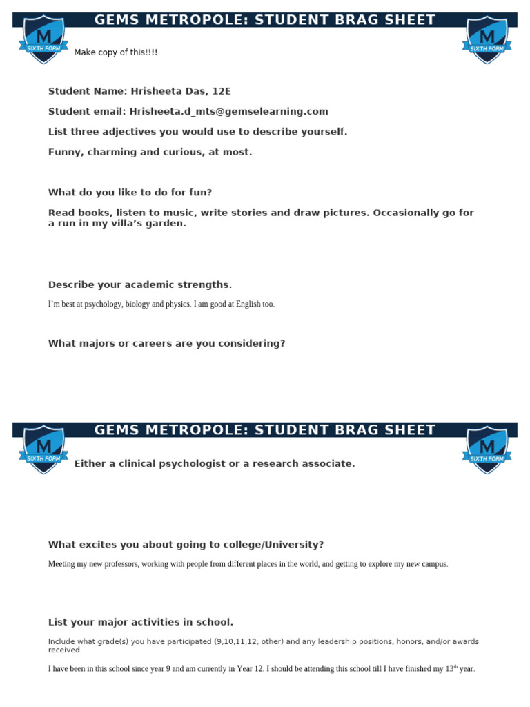 Student Brag Sheet | PDF