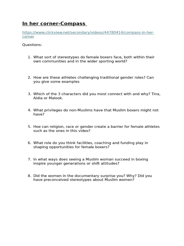 In Her Corner Doco and Questions | PDF