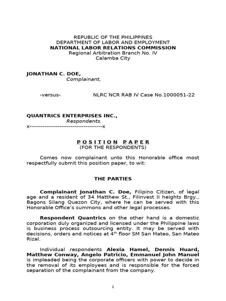 Quantrics Enterprises NLRC Case Position Paper | PDF | Employment | Salary
