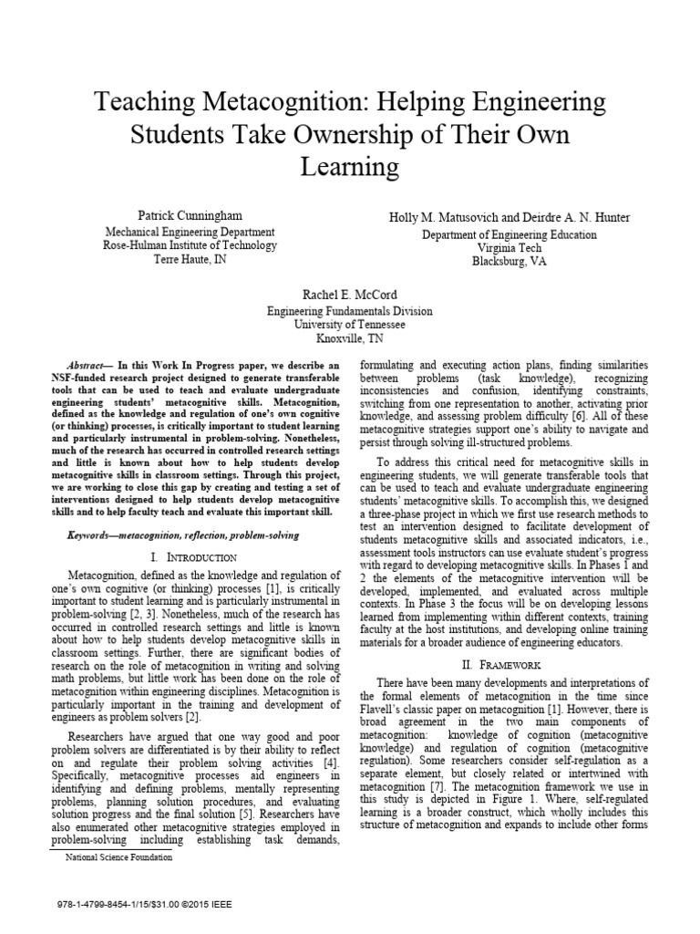 Teaching Metacognition Helping Engineering Students Take Ownership of Their Own Learning | PDF ...