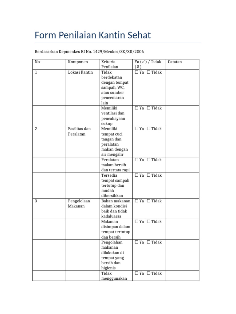 Form Penilaian Kantin Sehat - Kepmenkes 1429 | PDF
