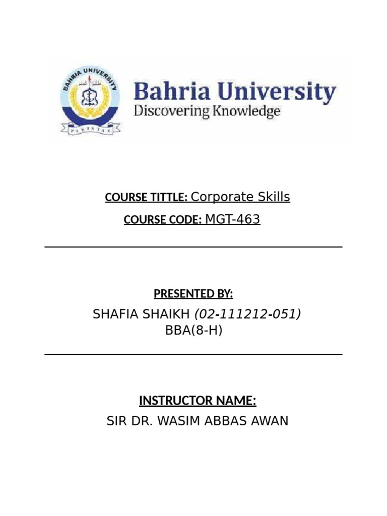 Corporate Skills MGT-463: Course Tittle: Course Code | PDF