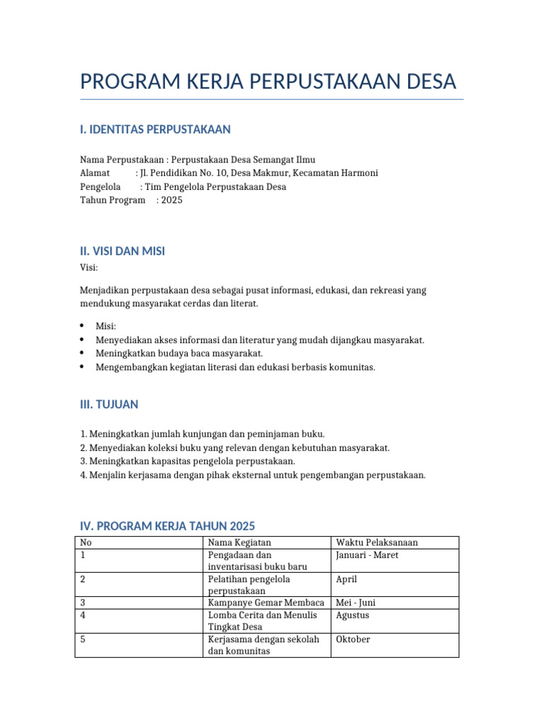 Program Kerja Perpustakaan Desa 2025 | PDF