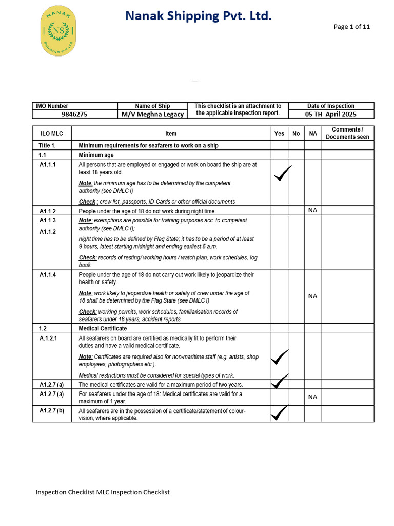 MLC Inspection checklist Form (1) | PDF | Occupational Safety And ...