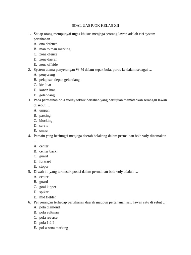 Soal Uas Pjok Kelas Xii | PDF