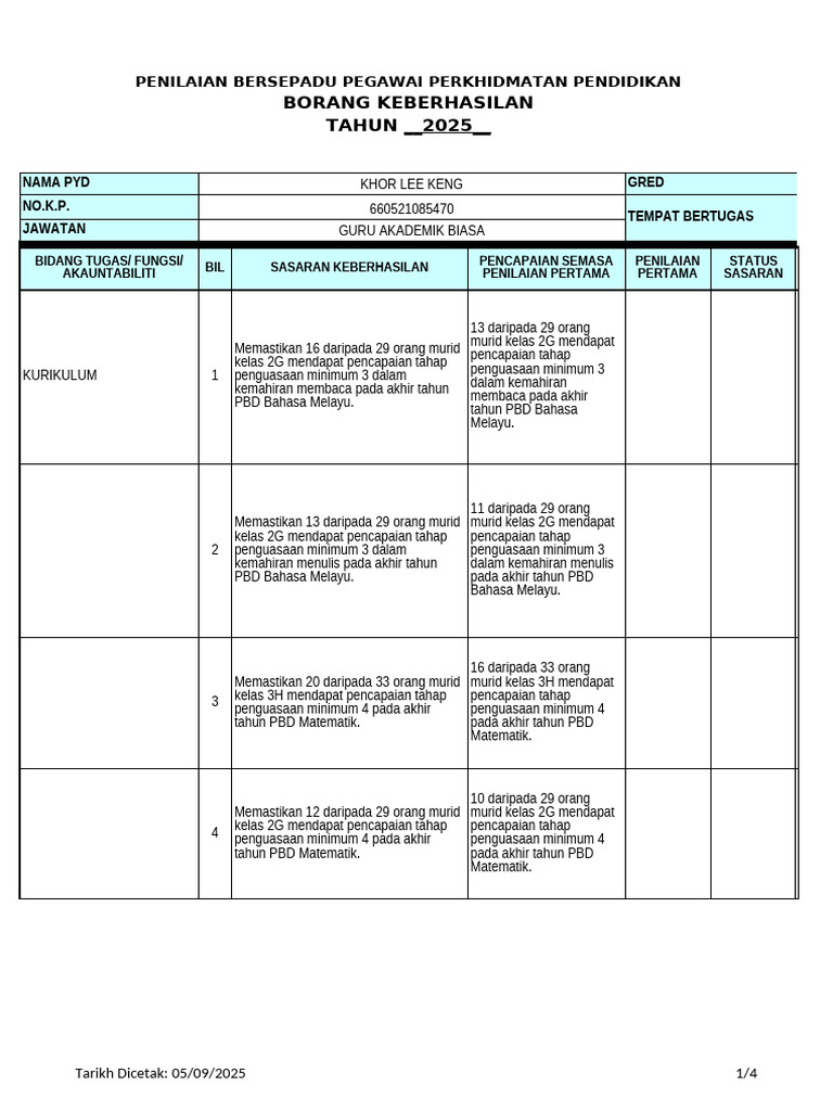 Borang Keberhasilan 2025 (KLK) | PDF