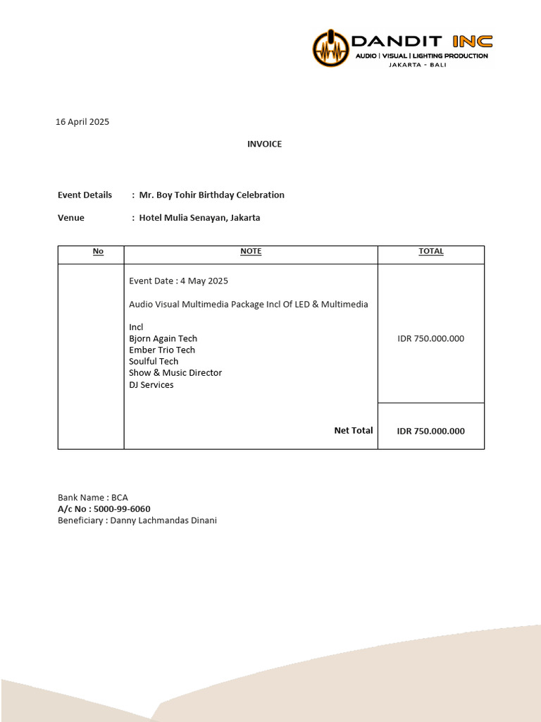 AV Invoice - MR Boy Tohir Birthday Celebration | PDF