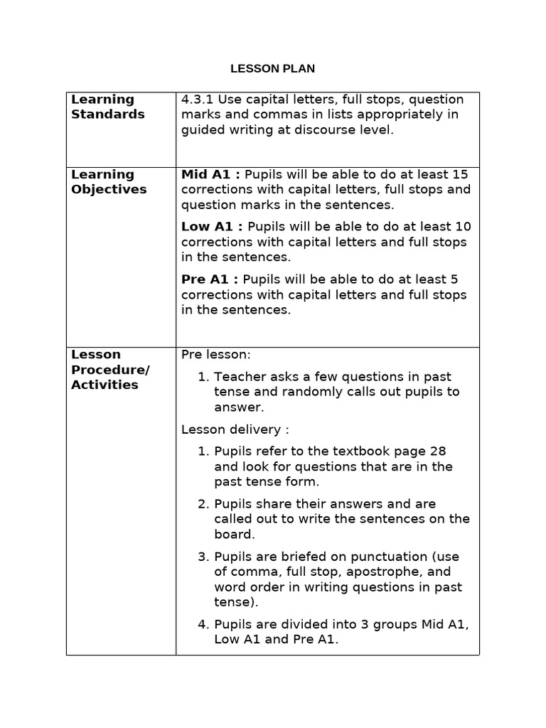 Punctuation Lesson Plan for A1 Levels | PDF | Question | Comma