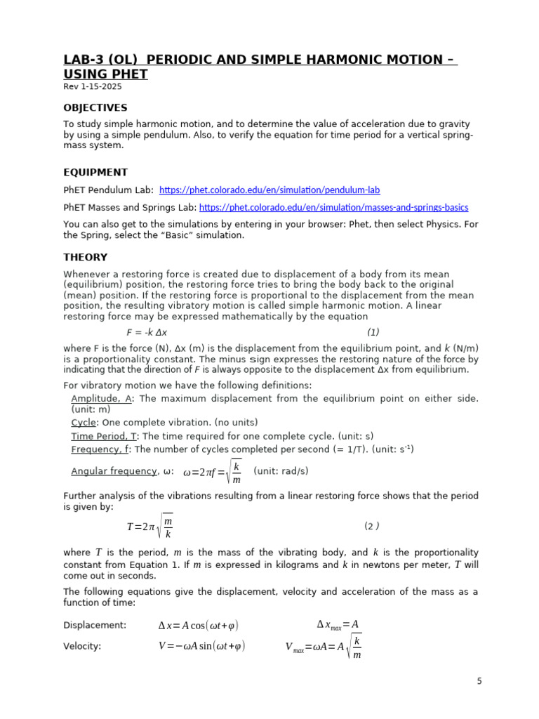 Lab-3 (OL) Periodic and Simple Harmonic Motion - Using PhET Simulation | PDF | Pendulum | Force