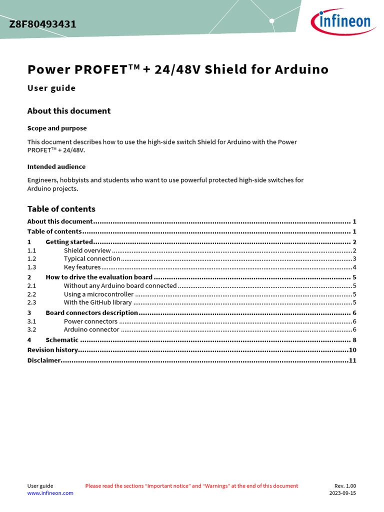 Infineon Infineon PowerPROFETTM+24 - 48V - ShieldForArduino UG v01 - 00 EN UserManual v01 - 00 ...